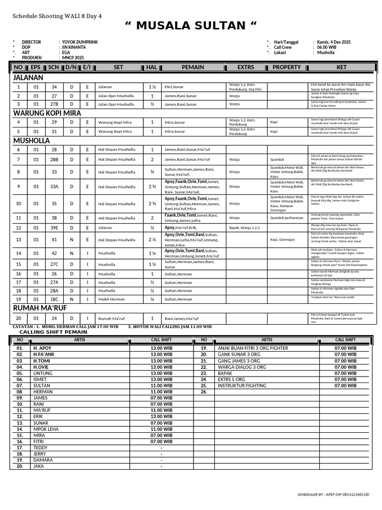 WALI 8 Day 4 Shooting Schedule | PDF