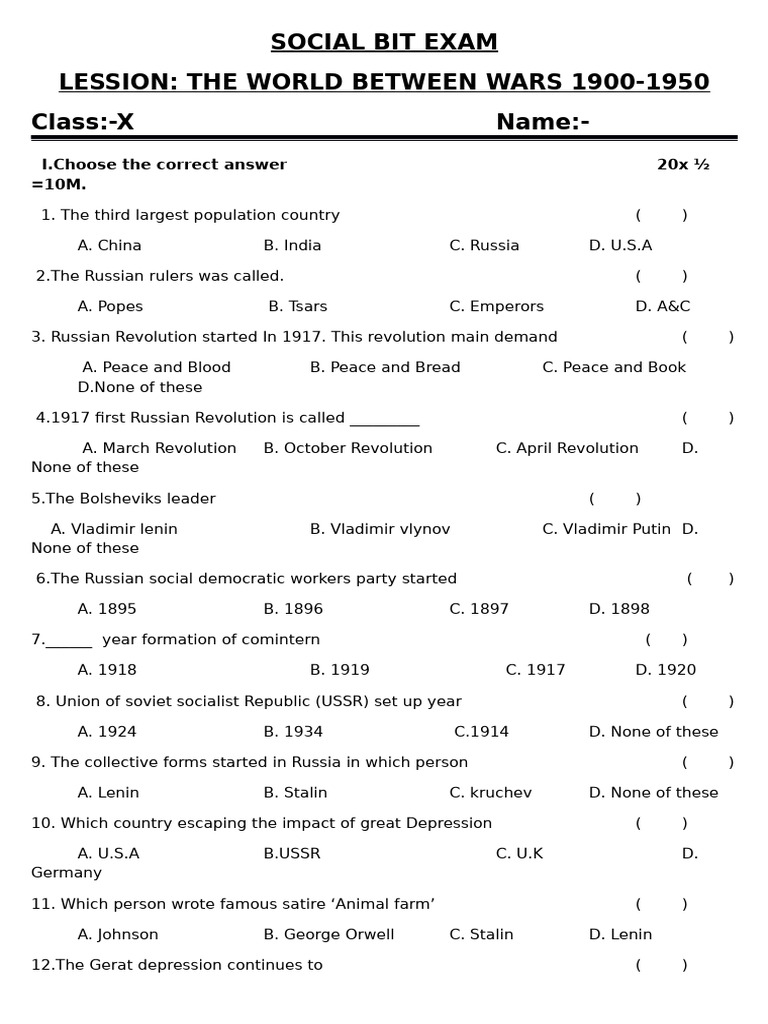 10th Class Social Bit Exam | PDF | Vladimir Lenin | Russian Revolution