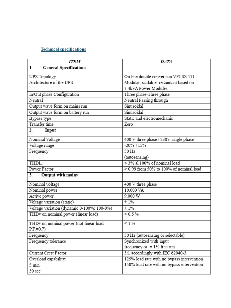 10kVA UPS Specifications | PDF | Mains Electricity | Phase (Waves)