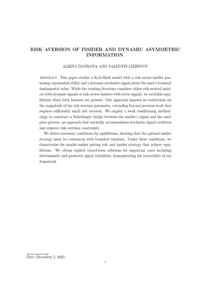 Risk Aversion of Insider and Dynamic Asymmetric Information | PDF ...