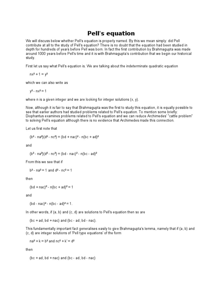 Pell's Equation | PDF | Equations | Number Theory Pell's Equation | PDF | Equations | Number Theory