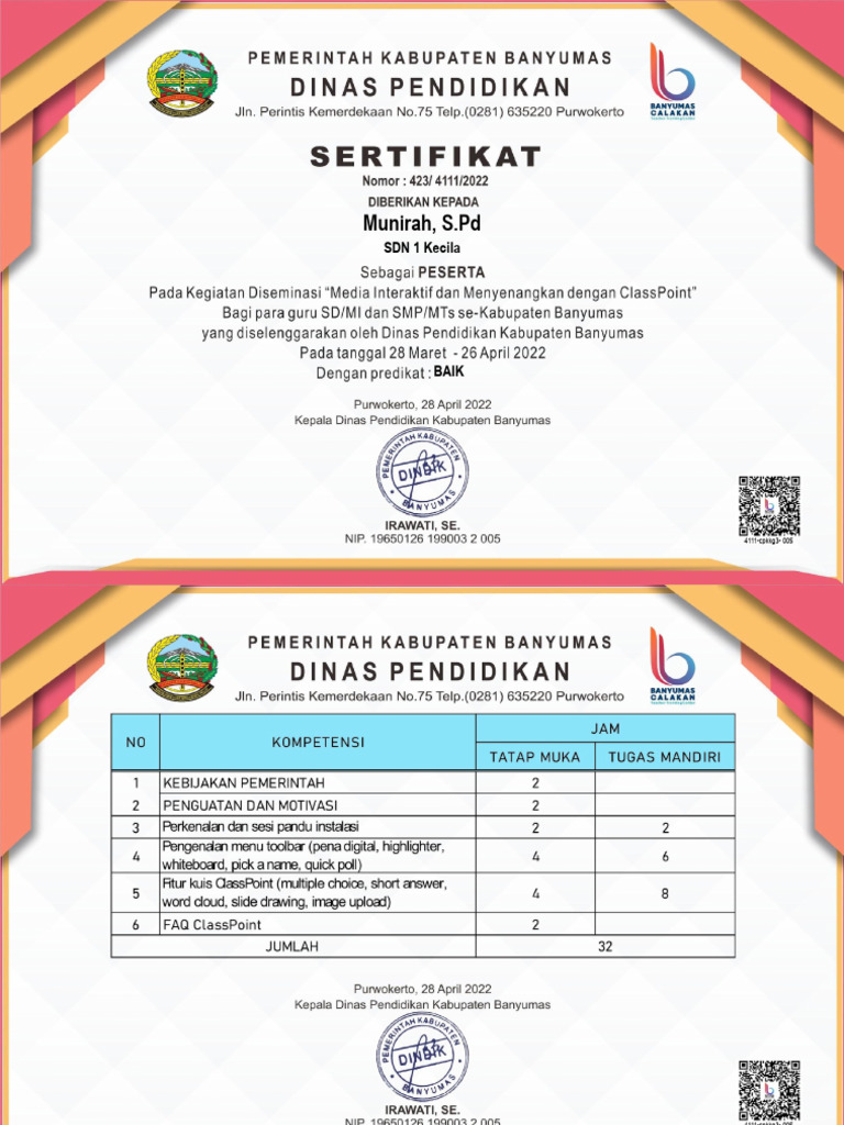 Sertifikat Diseminasi ClassPoint KKG-MGMP - Munirah, S.PD | PDF