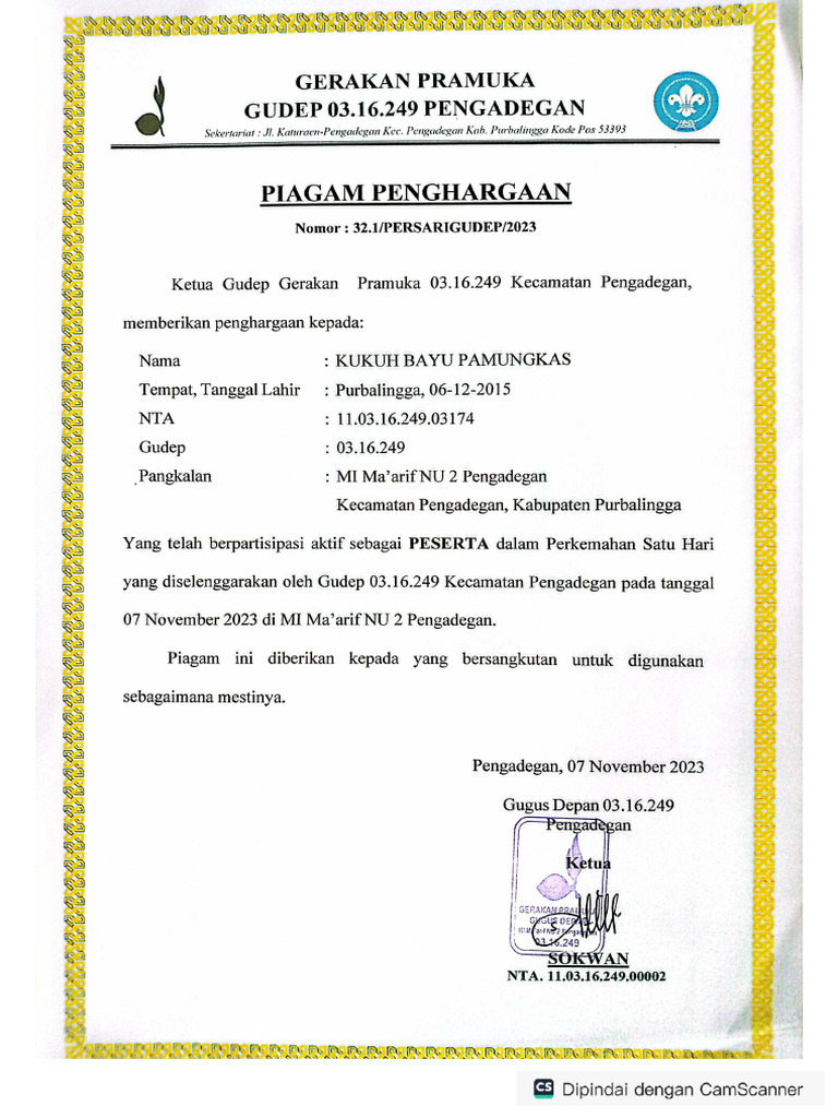 Piagam Persari Gudep Dan Bintang Tahunan | PDF