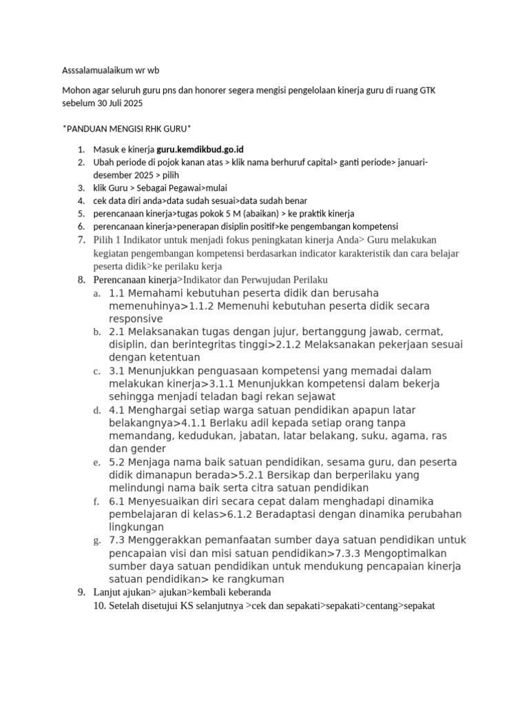 Panduan Mengisi RHK Guru Ruang GTK 2025 | PDF