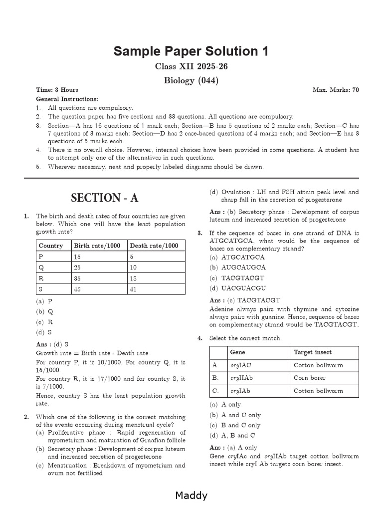 CBSE Class 12 Biology Sample Paper Solutions | PDF | Primer (Molecular ...