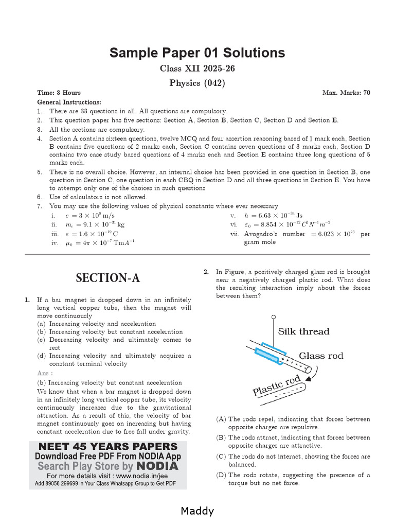 CBSE Class 12 Physics Sample Paper Solutions | PDF | Force | Acceleration
