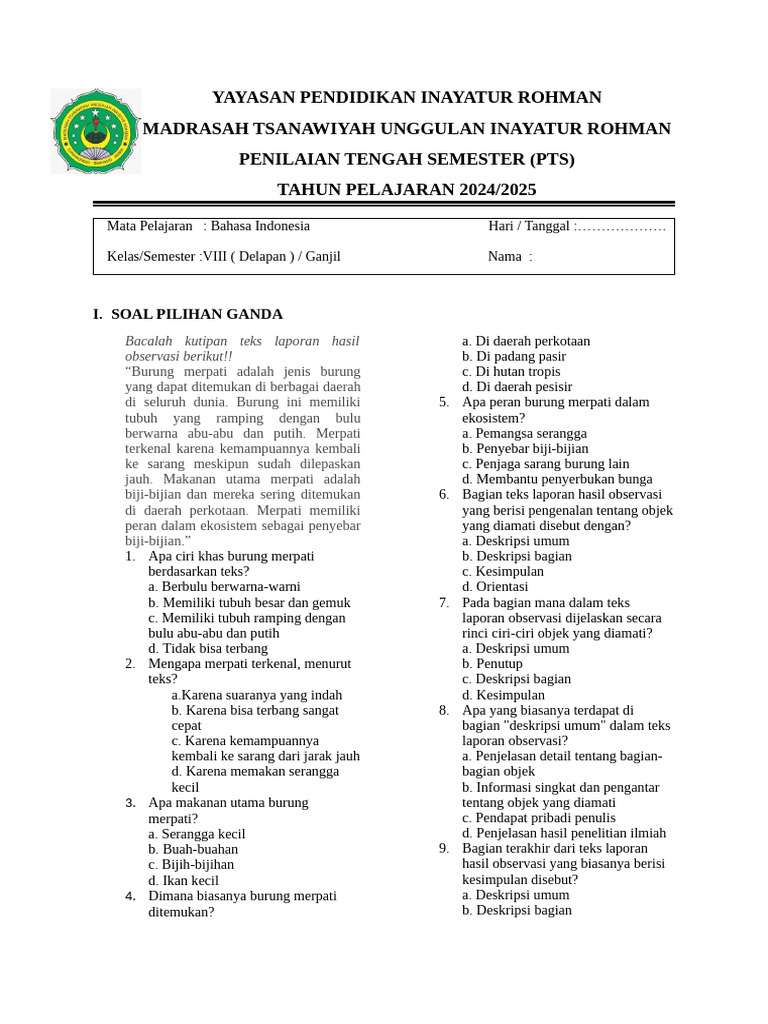 Pts 2025 Kelas 8 Indo New | PDF