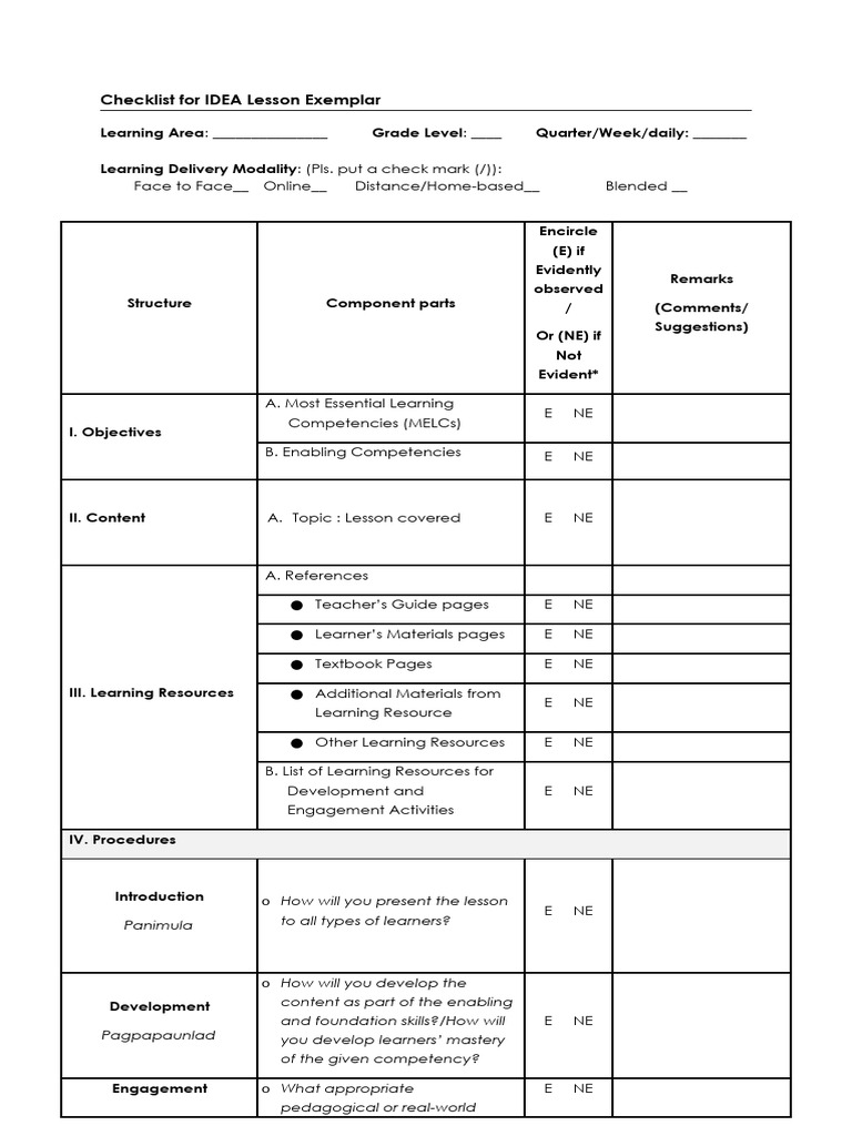V.4 Checklist For IDEA Lesson Exemplar | PDF | Learning | Procedural ...