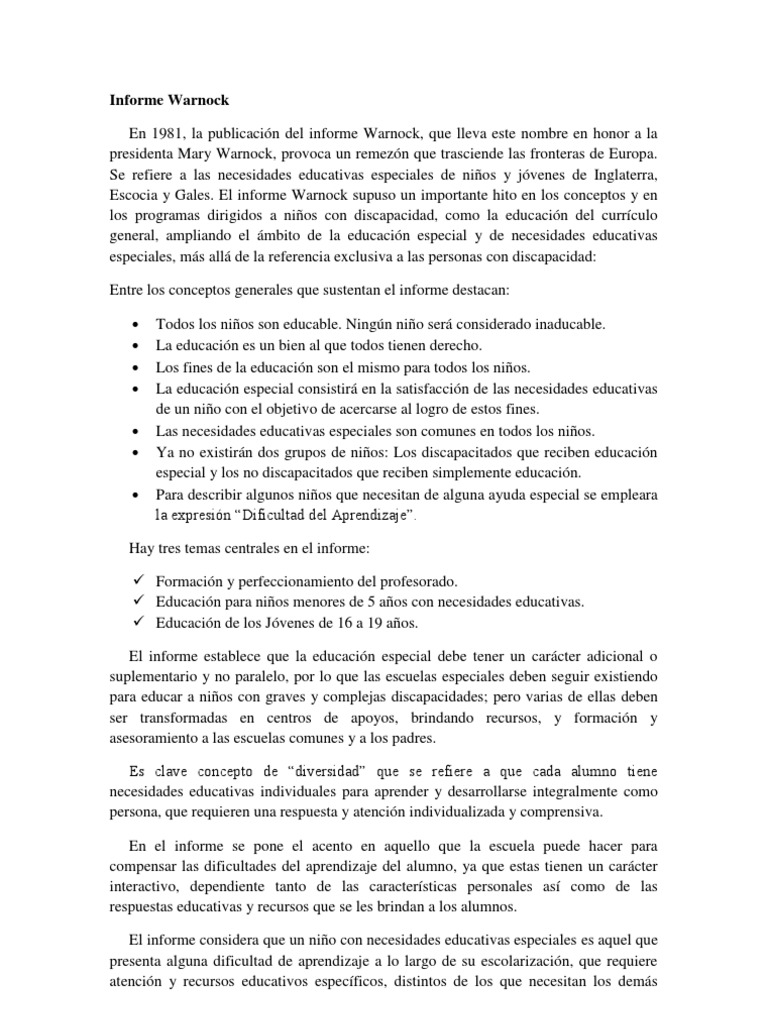 Informe Warnock | PDF | Educación especial | Aprendizaje
