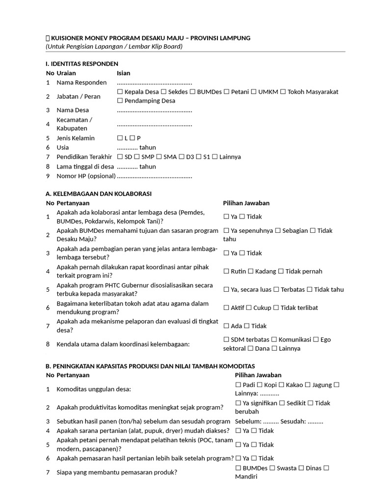 Kuisioner Monev Program Desaku Maju | PDF