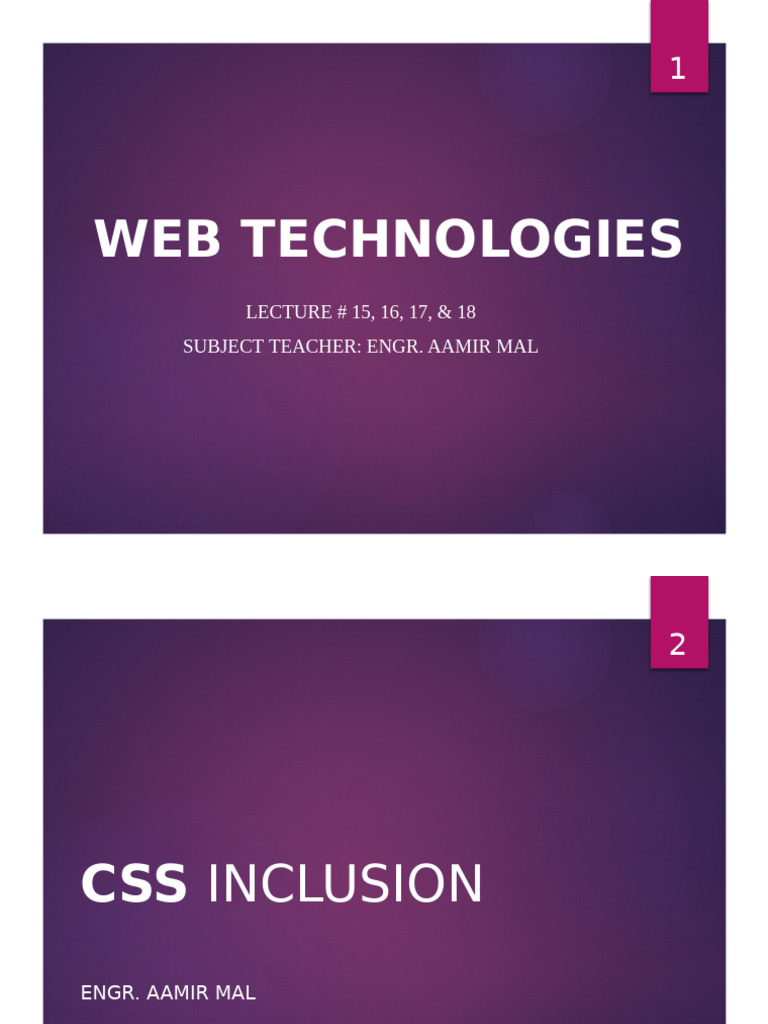 Web Technologies Lecture 15, 16, 17 & 18 CSS INCLUSION | PDF | Typefaces | Html Element