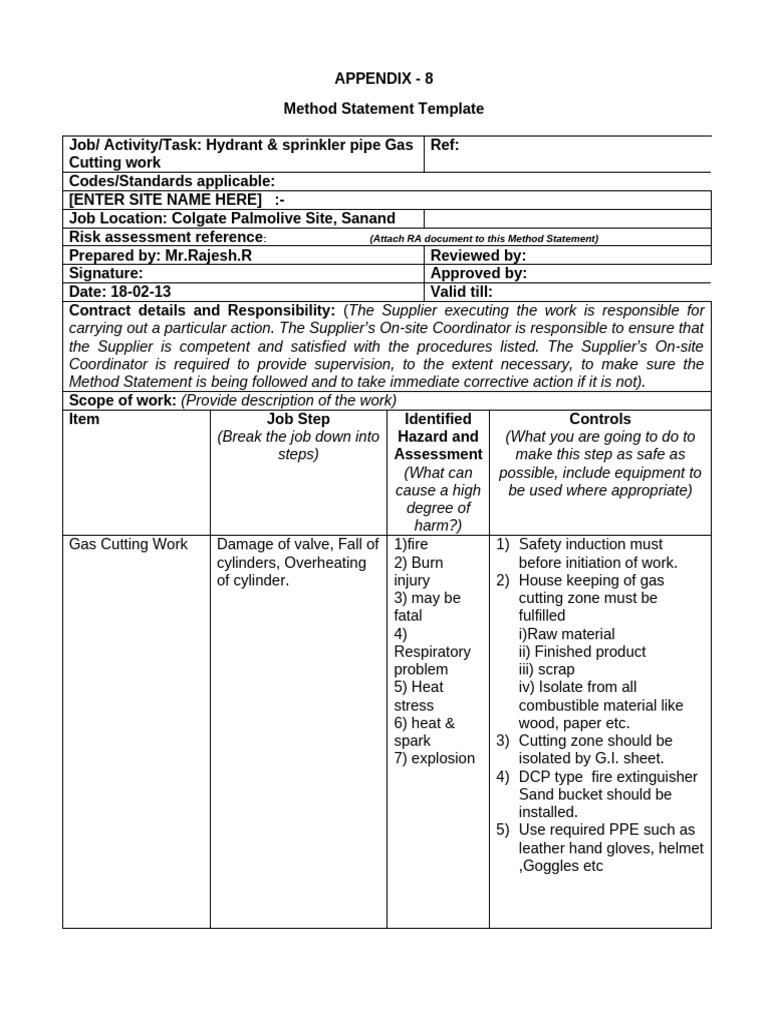 Method Statement for Gas Cutting Work | PDF | Risk | Hazards