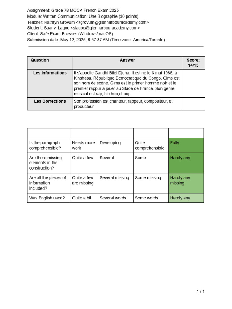 Saanvi Lagoo - Grade 78 MOCK French Exam 2025 - Written Communication ...