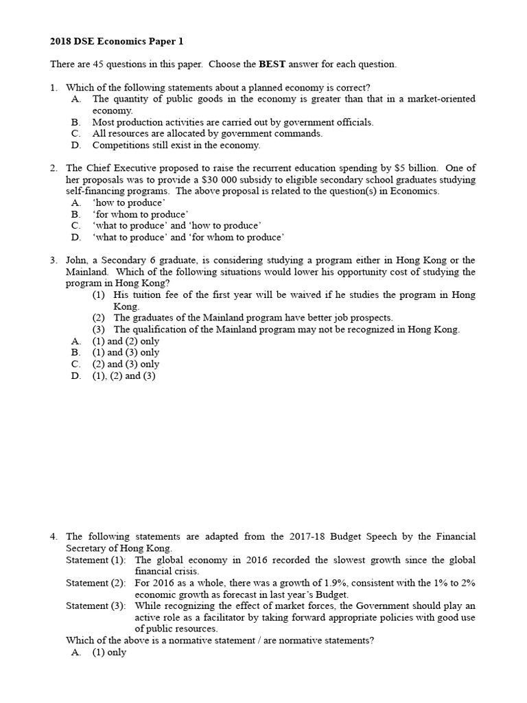 DSE Econ Past Paper Eng 2018 Paper 1 | PDF | Gross Domestic Product | Taxes