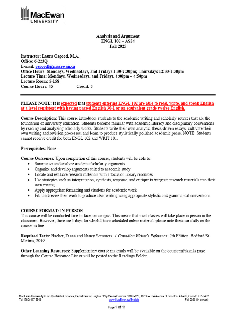 ENGL 102 Analysis and Argument Course Guide | PDF | Academic Integrity ...