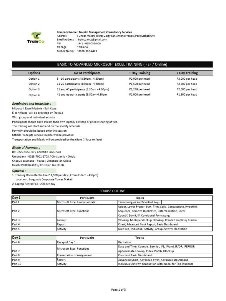 Microsoft Excel Training Options by TrainCo | PDF | Payments | Computing