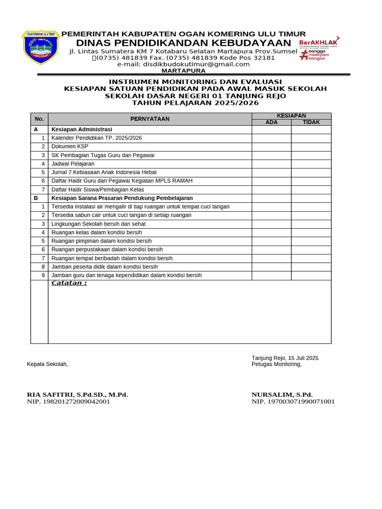 Instrumen Awal Masuk Sekolah TP. 2025-2026 | PDF