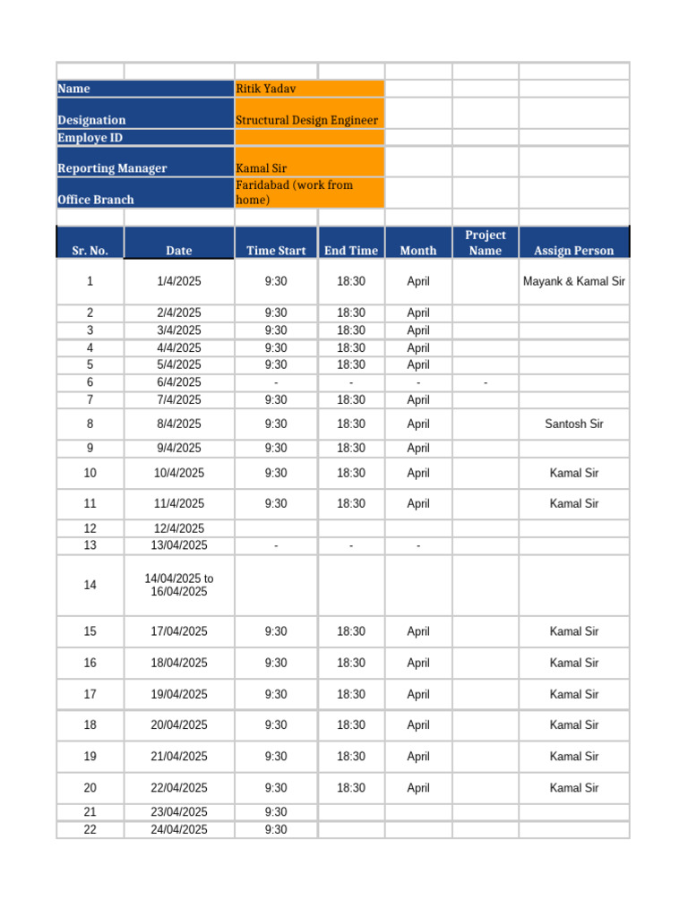 April 2025 Work Log for Engineer | PDF