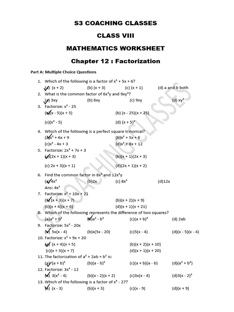 Class VIII Factorization Worksheet | PDF | Cartesian Coordinate System ...