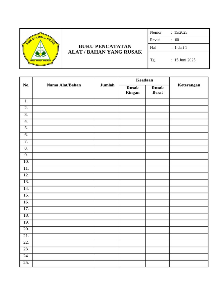 Buku Pencatatan Alat Laboratorium Dan Bahan Yang Rusak | PDF