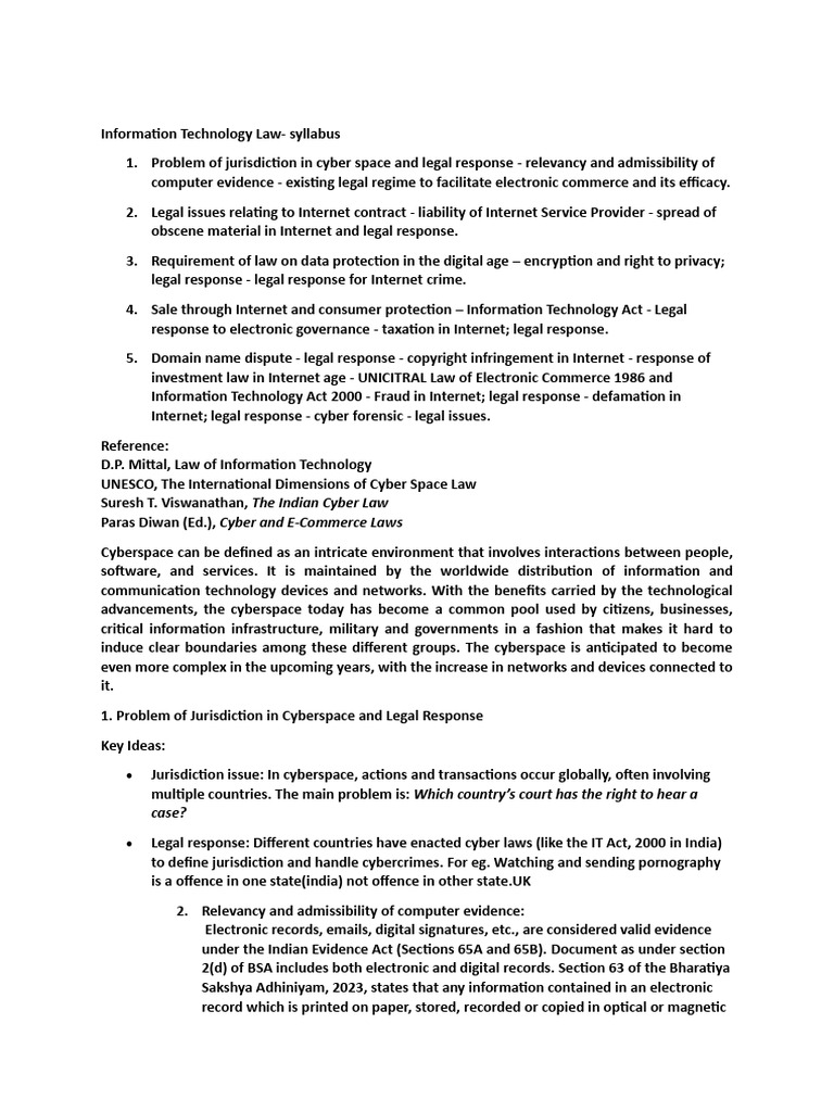 Information Technology Law Notes 1 | PDF | E Commerce | Cybercrime