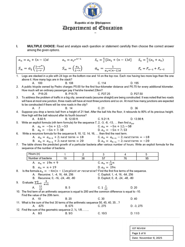 CET Review Questions for Mathematics | PDF | Triangle | Shape