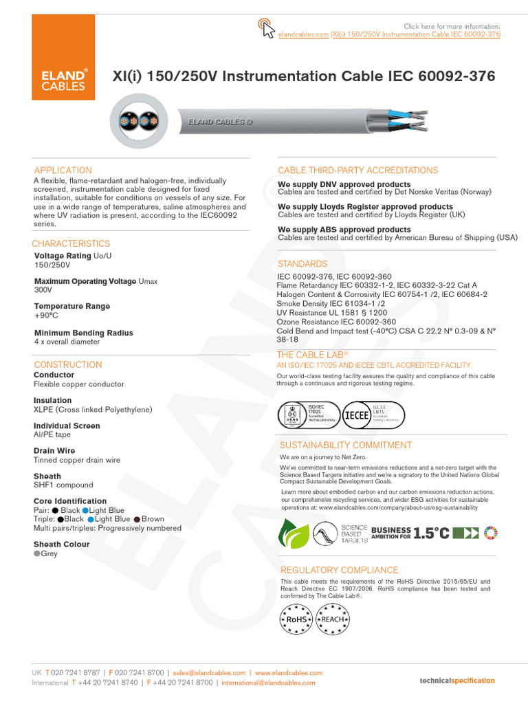 Xi I 150 250v Instrumentation Cable Iec 60092 376 Datasheet | PDF ...
