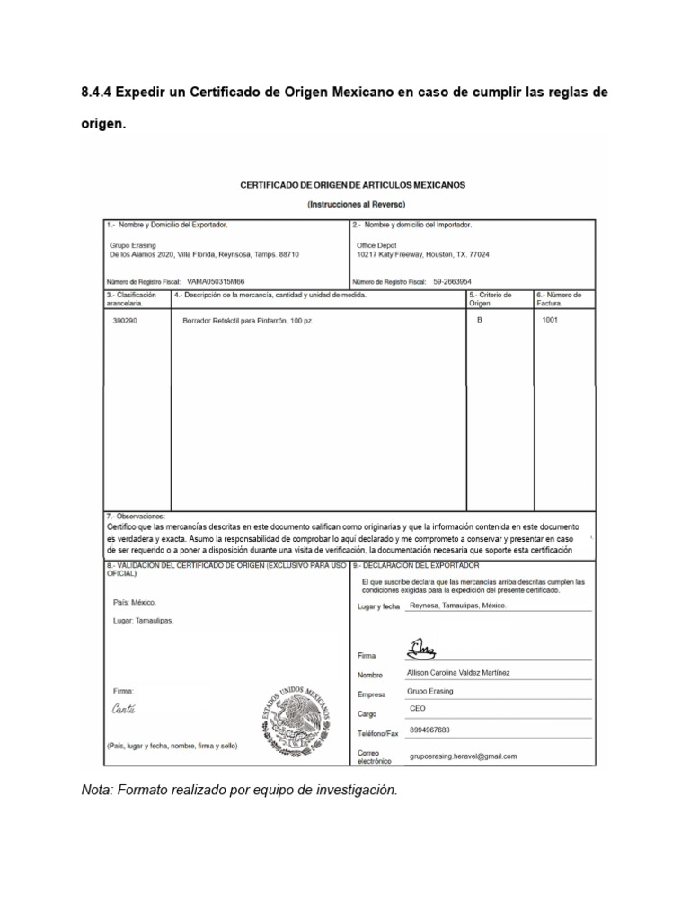 Ejemplo Certificado de Origen | PDF