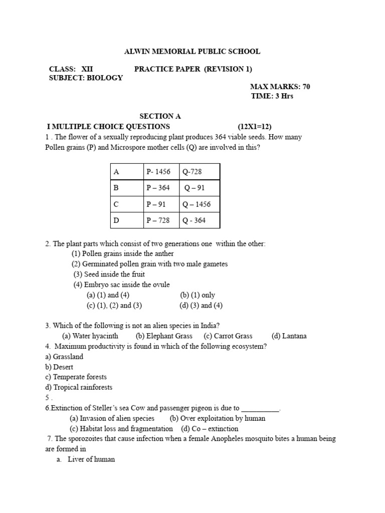Practice Paper1- Rev 1- Biology | PDF | Homo | Biology