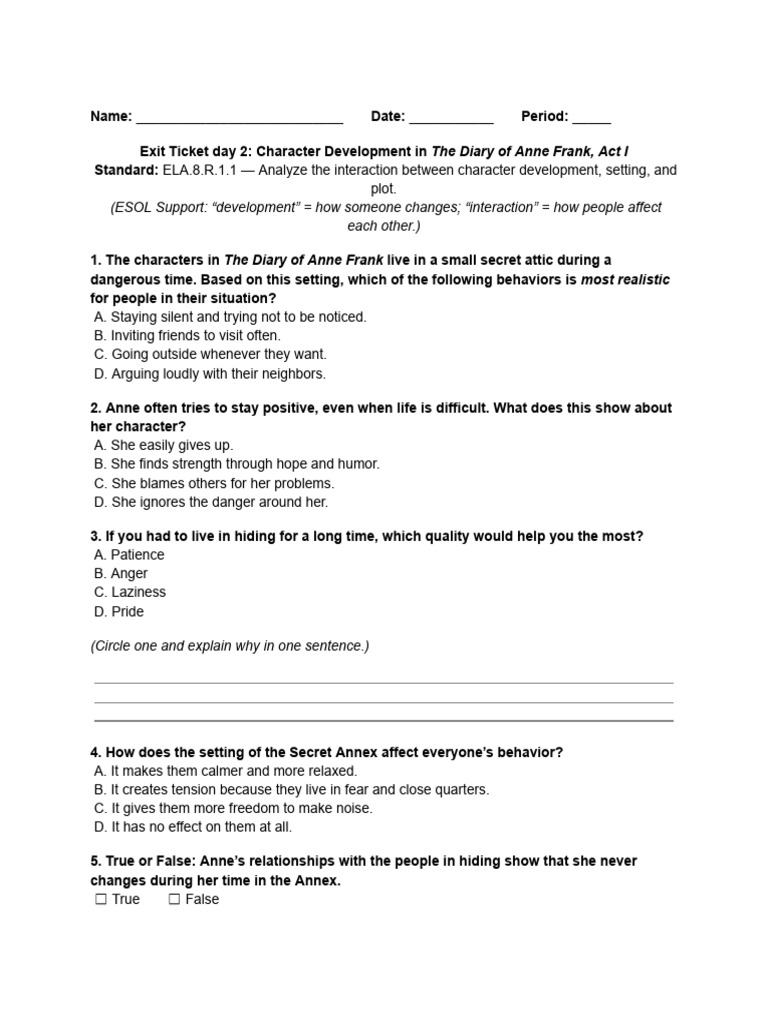 Character Development in Anne Frank's Diary | PDF