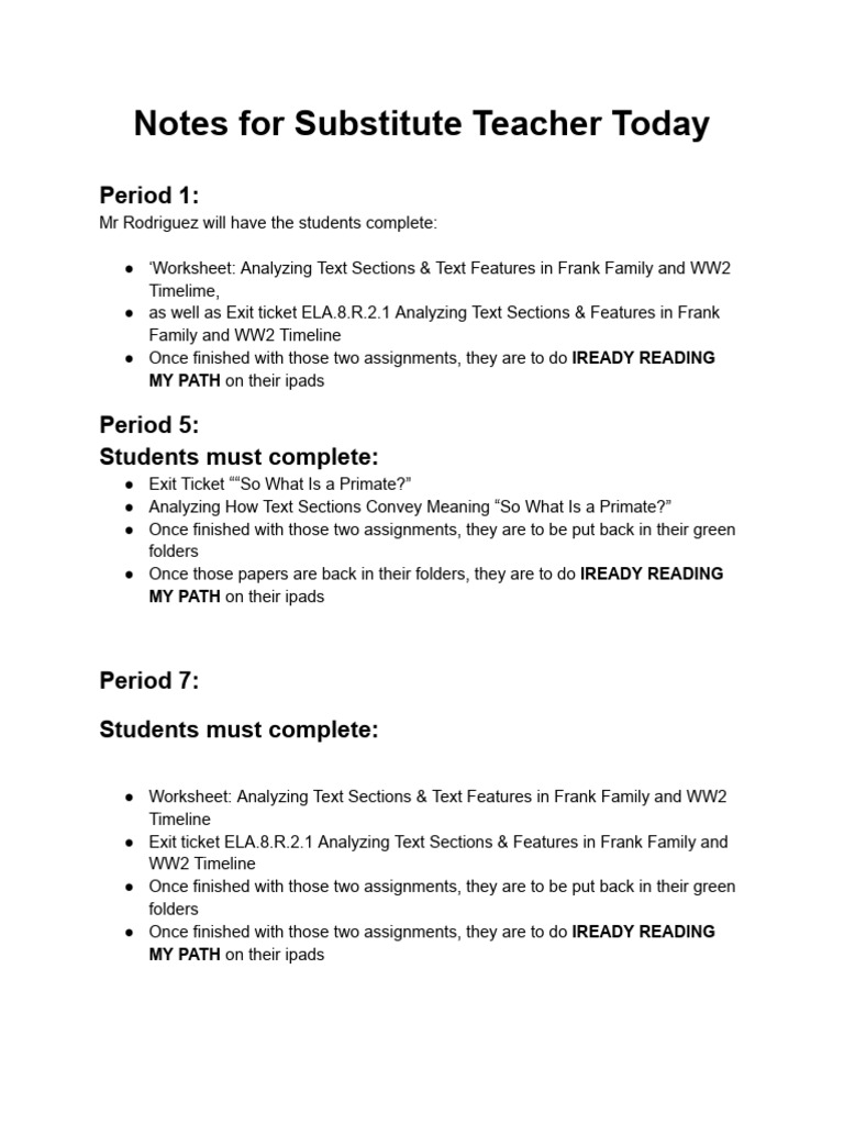 Substitute Teacher Daily Lesson Plan | PDF