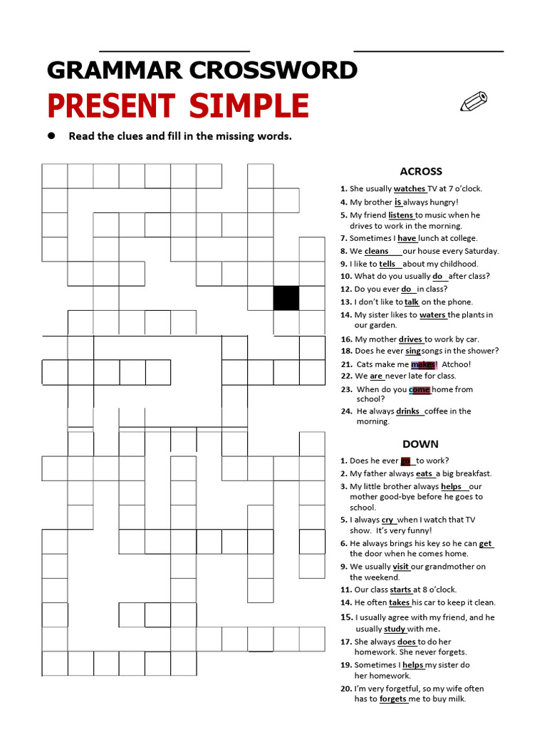 Present Simple Grammar Crossword | PDF | Crossword | Chess Openings