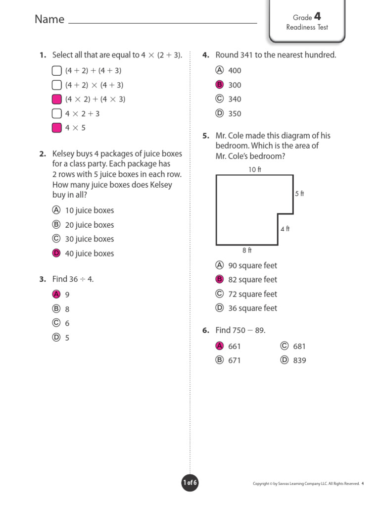 Grade 4 Math Readiness Test Questions | PDF | Rectangle | Elementary ...