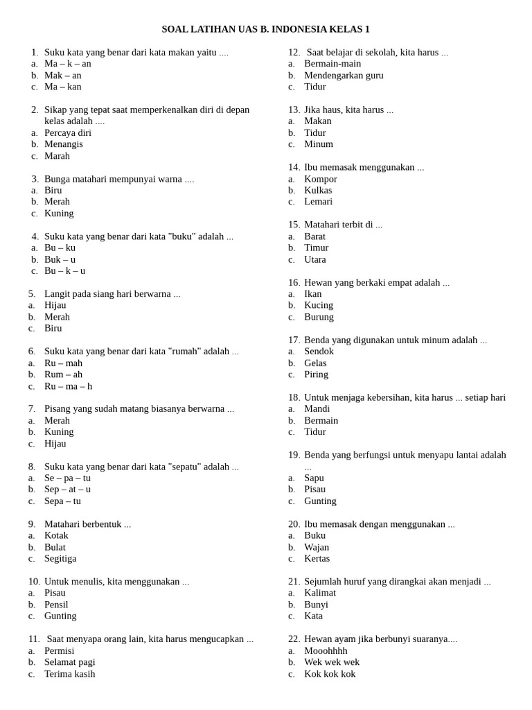Soal Latihan Uas Bahasa Indonesia Kls 1 | PDF