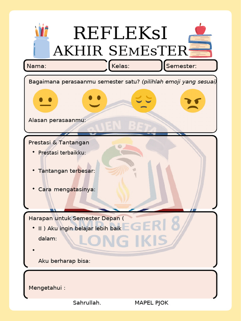 Refleksi Akhir Semester Lembar Kerja Kuning Dan Krem Gaya Minimalis ...