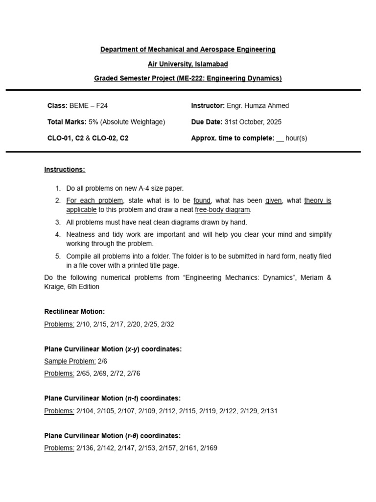 Engineering Dynamics Project Guidelines | PDF