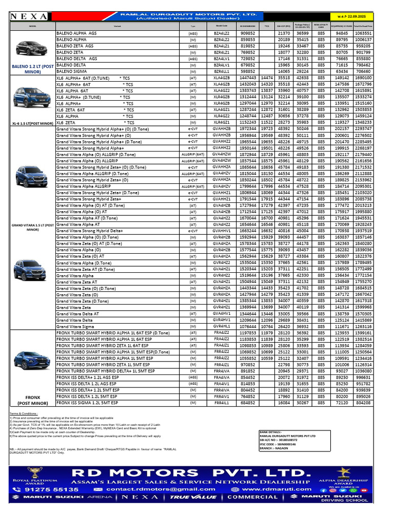 Nexa Price List From 22.09.2025 | PDF | Payments | Motor Vehicle ...