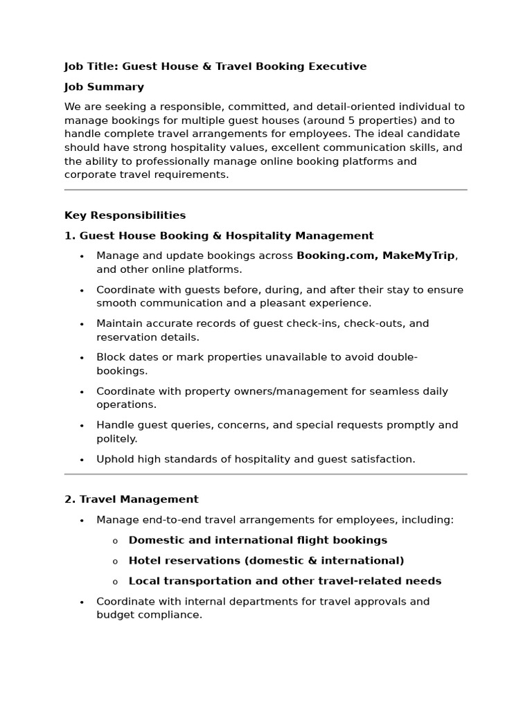 JD - Booking and Travel Executive | PDF | Business