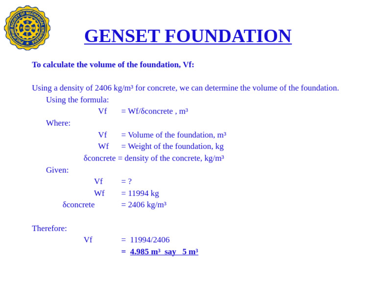 Genset Foundation Volume Calculation | PDF