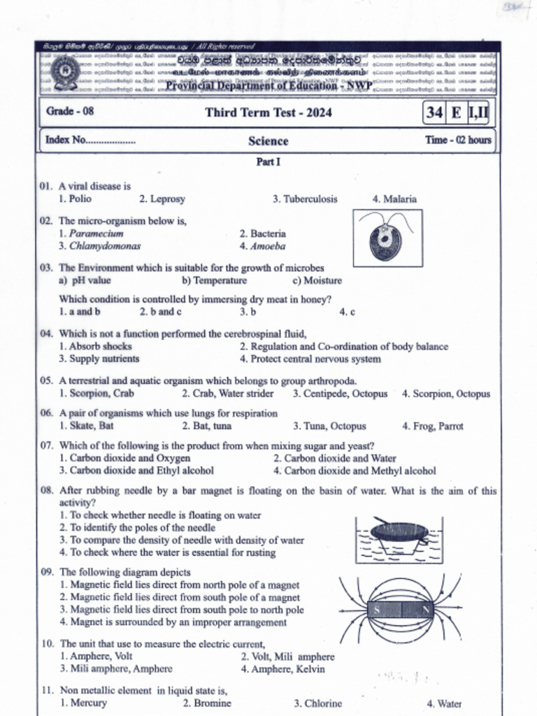 Grade 08 Science EM Paper NWP 2024 With Answers Past Papers Wiki | PDF