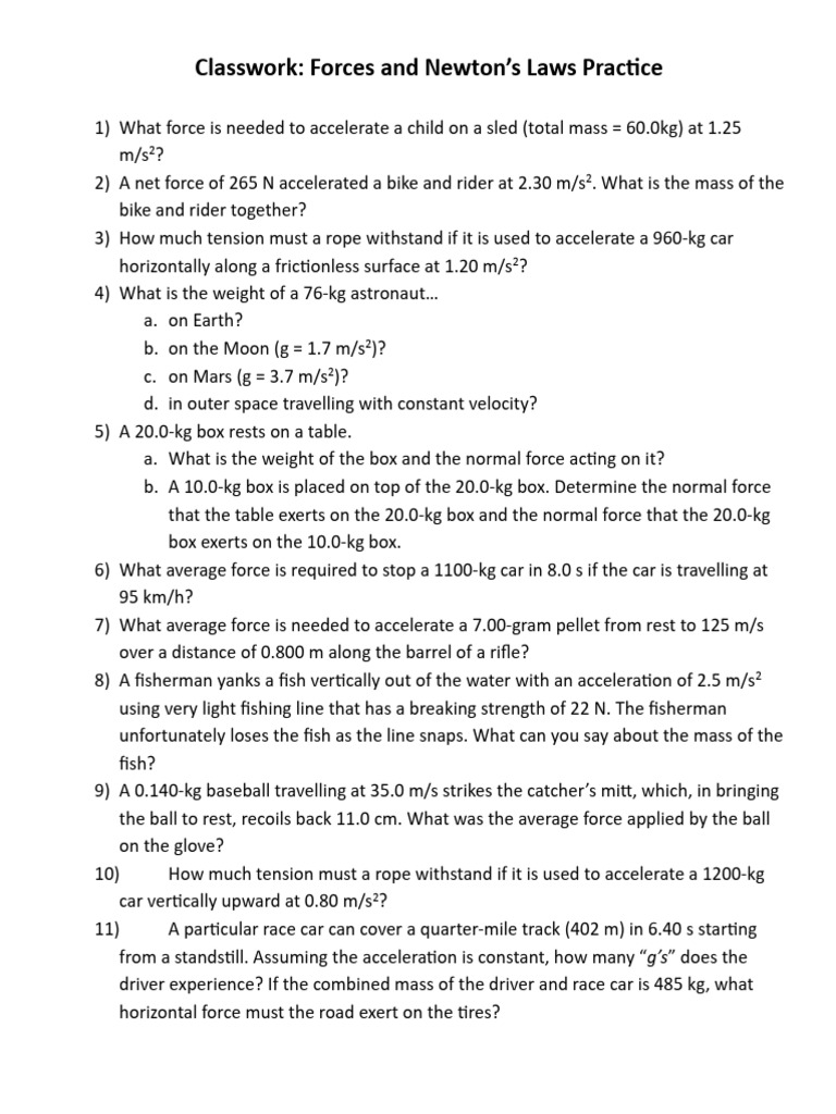 Classwork - Forces and Newtons Laws | PDF | Force | Mass