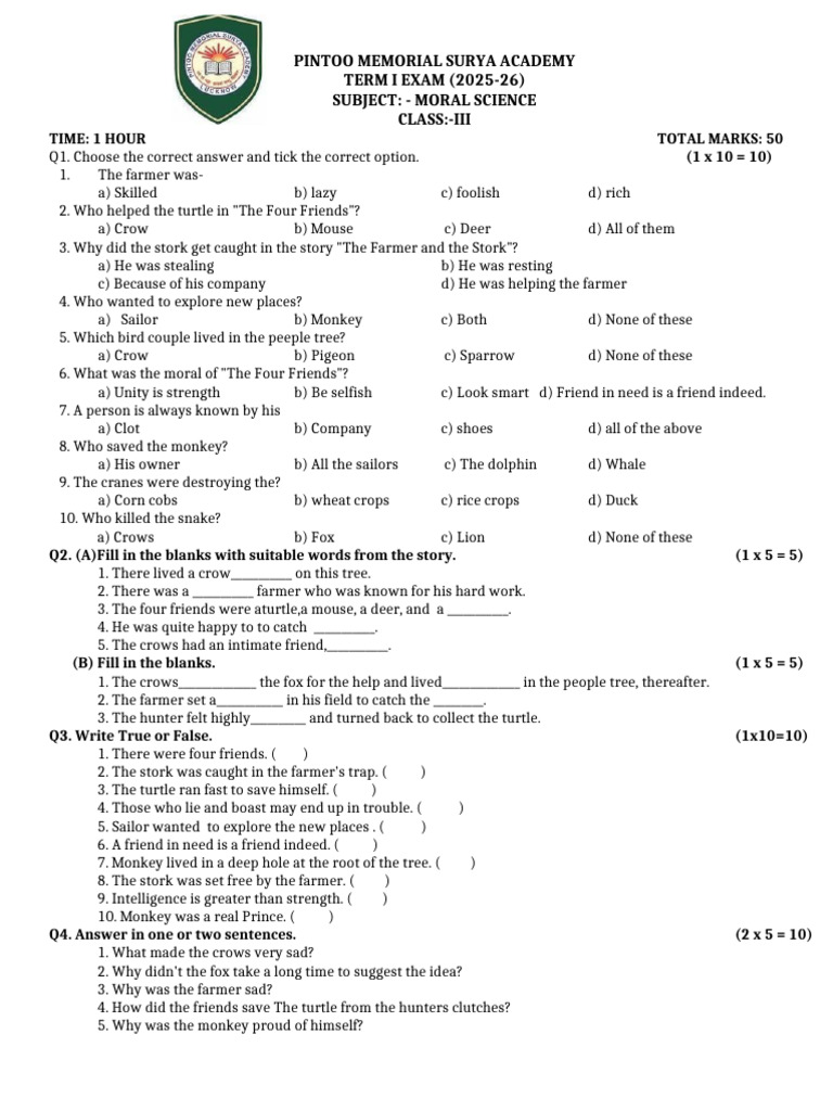 Class 3 Moral Science Term I Exam 2025-26 | PDF