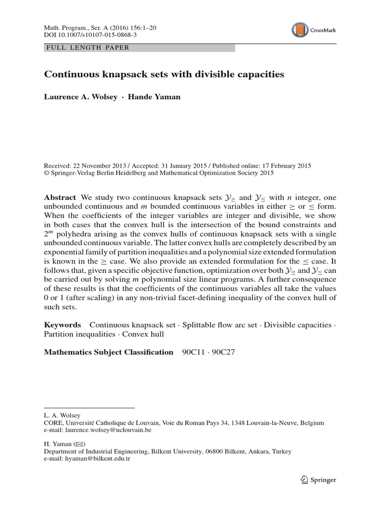 Continuous Knapsack Sets With Divisible Capacities | PDF | Inequality ...
