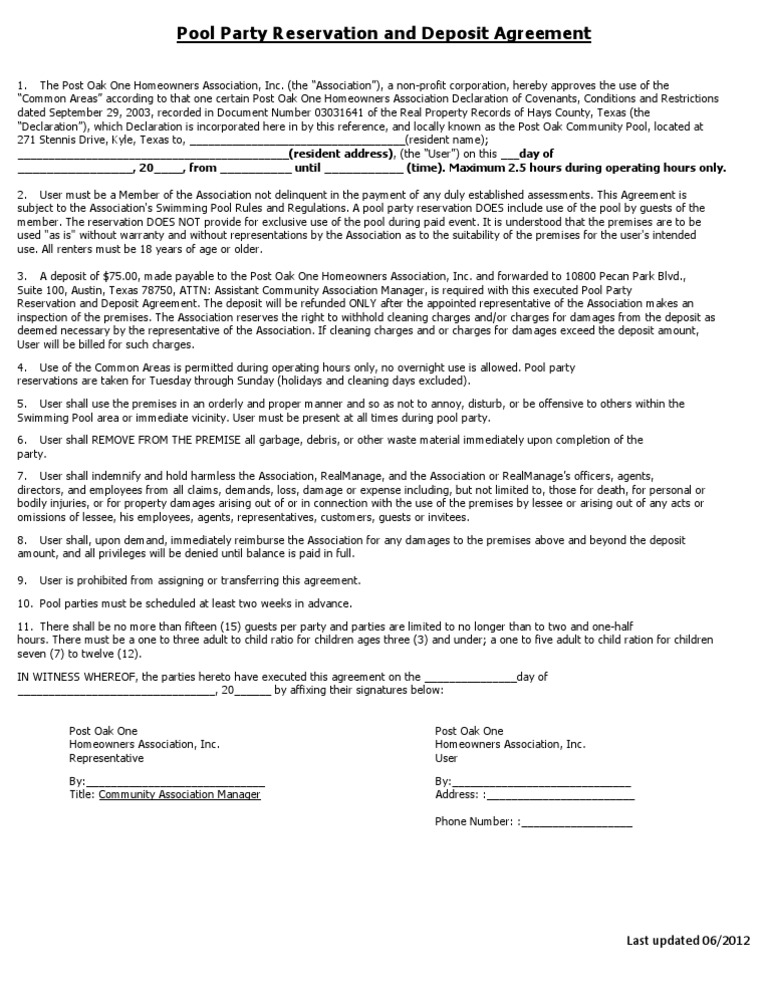 Pool Party Reservation Agreement | PDF | Indemnity | Common Law
