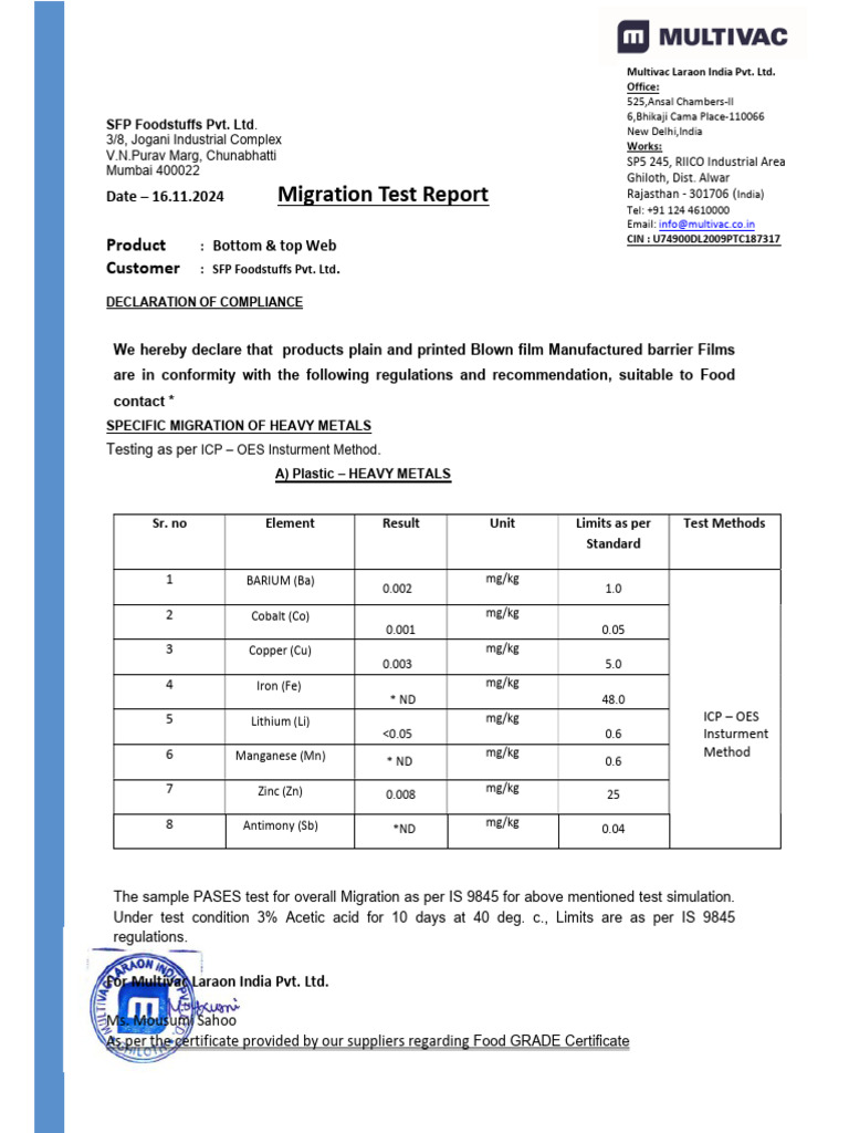 Food Contact Migration Test Report | PDF | Building Materials | Chemistry