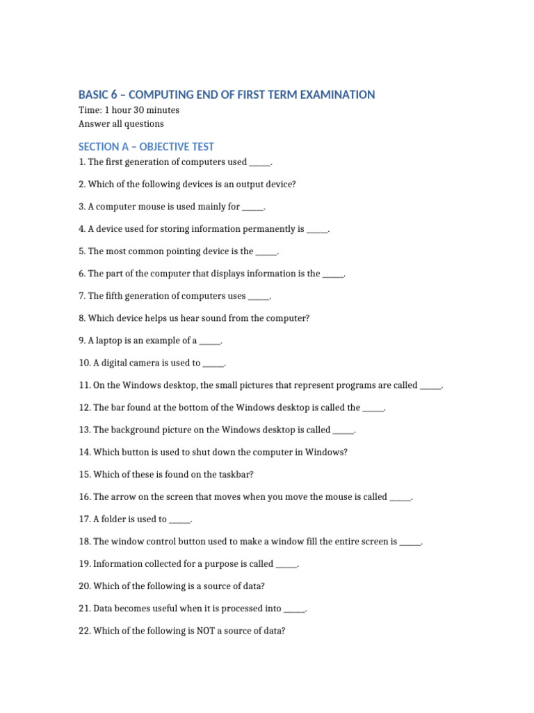 Basic 6 Computing Exam Questions | PDF