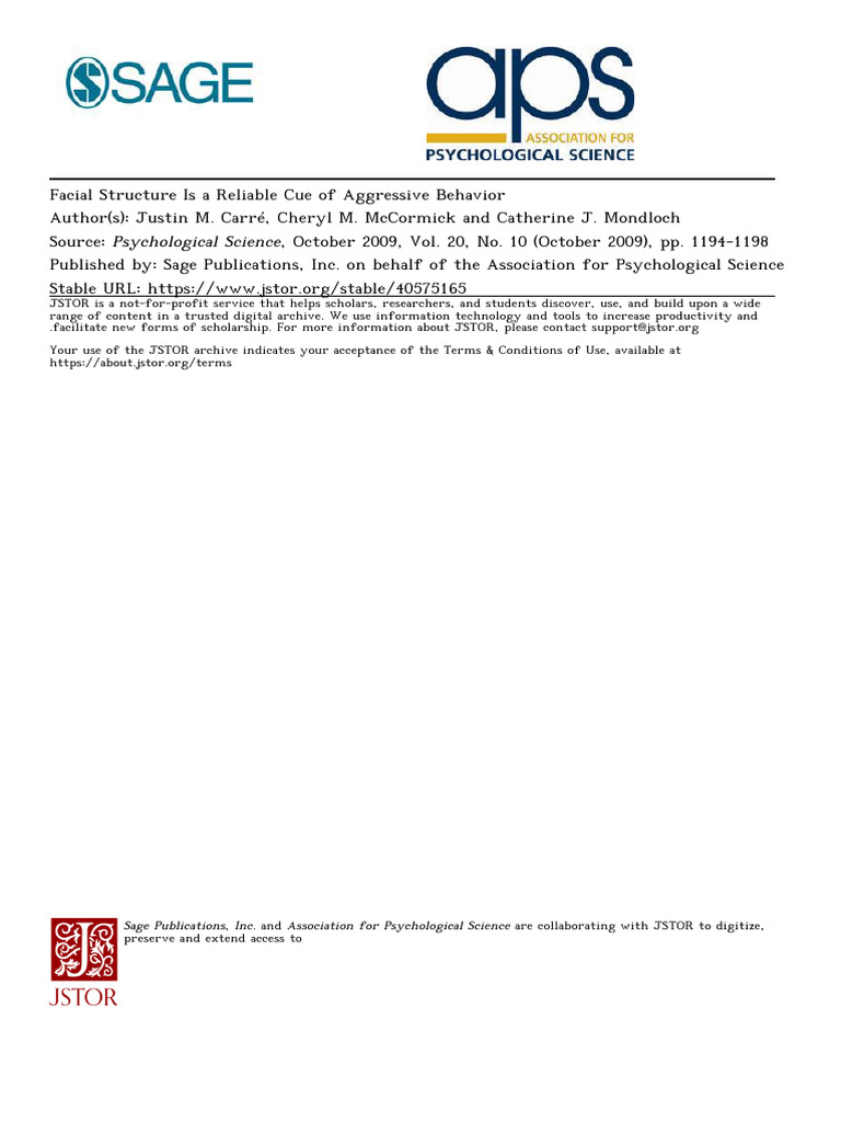 Facial Structure Is A Reliable Cue of Aggressive Behavior | PDF ...