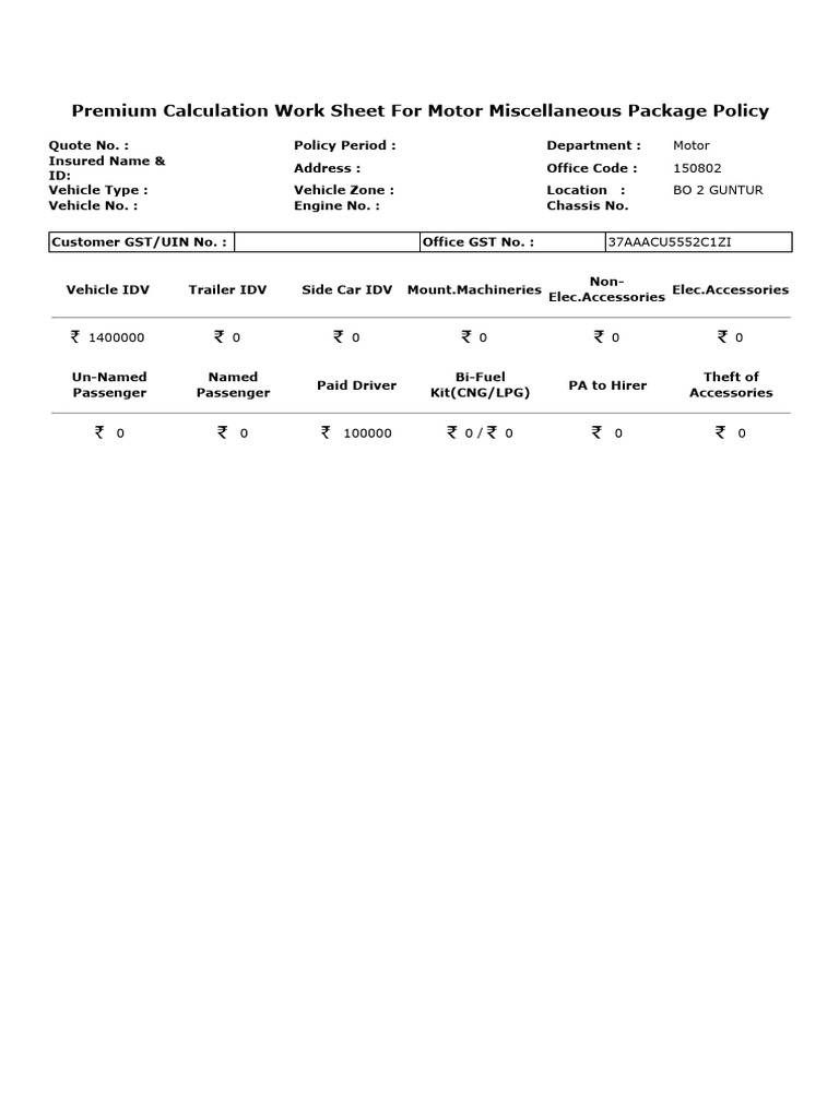 Motor Package Policy Premium Worksheet | PDF | Automotive Industry ...