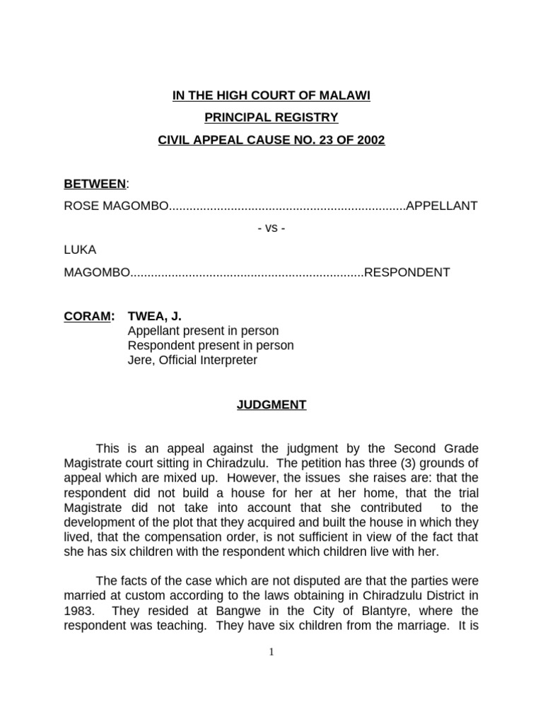 Malawi High Court Divorce Appeal Judgment | PDF | Appeal | Government ...