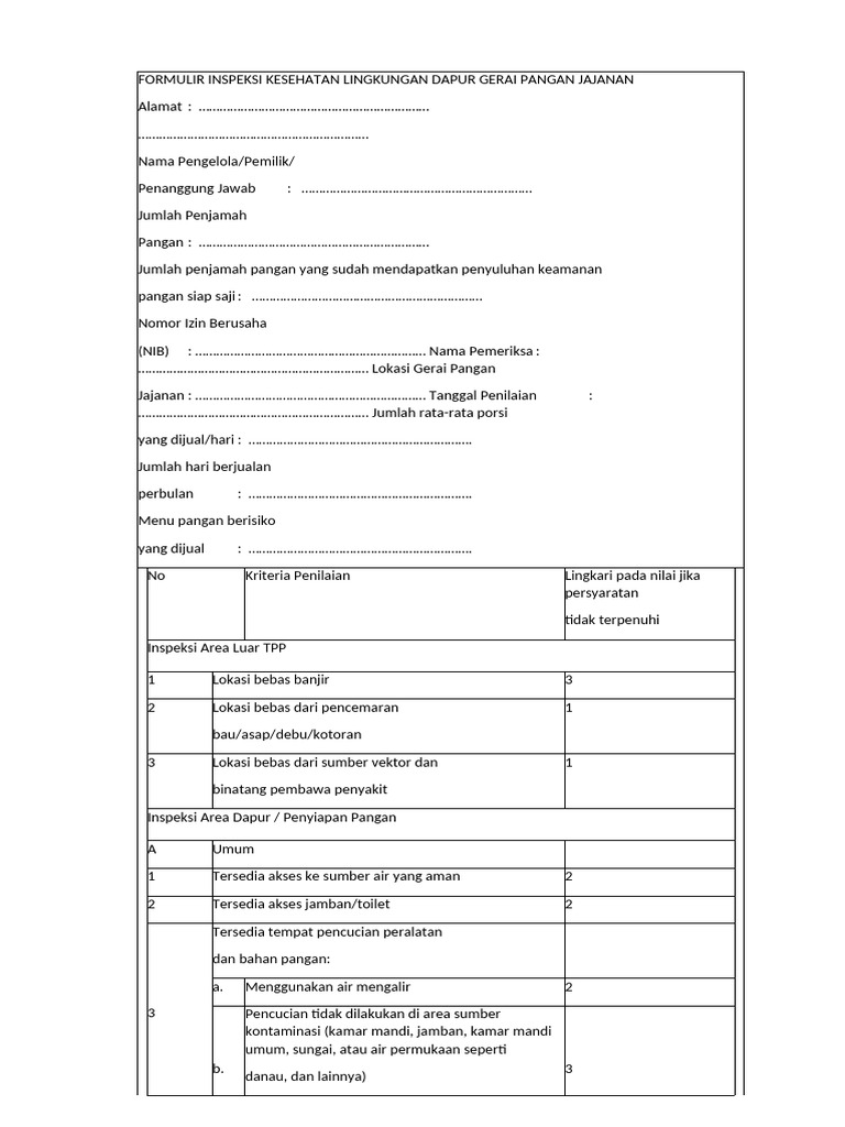 Formulir Inspeksi Dapur Gerai Pangan | PDF